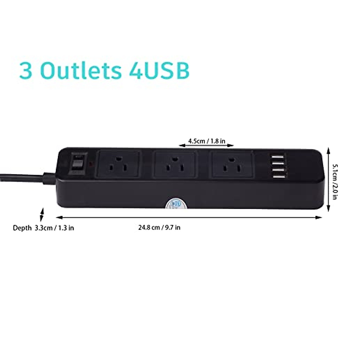 2 Prong Power Strip Surge Protector with 3 Outlet 4 USB, Two Prong Power Cord 6.6 FT Extension Cords for Non-Grounded Outlets Black