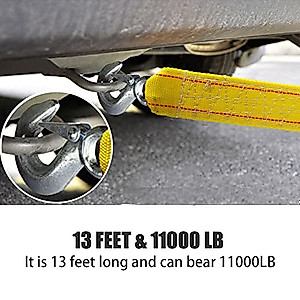 Heavy Duty Tow Strap with Safety Hooks | 1.8” x 13’ | 11000 LB Capacity , Tow Rope Yellow Shackle for Vehicle Recovery, Hauling, Stump Removal & Much More,Best Towing Accessory for Car