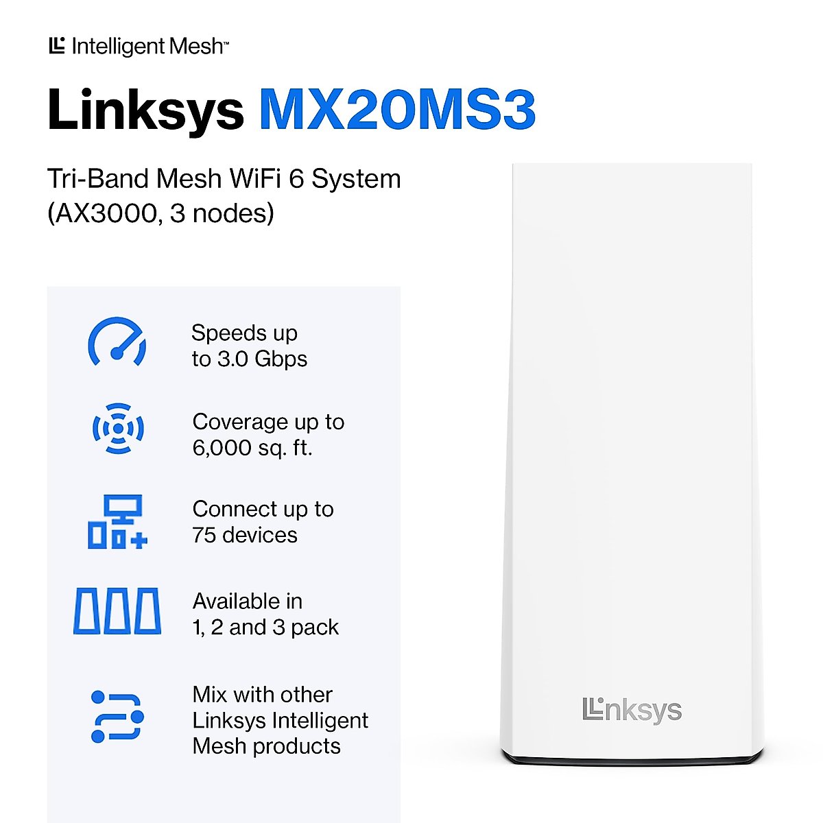 Linksys Atlas WiFi 6 Router Home WiFi Mesh System, Dual-Band, 6,000 Sq. ft Coverage, 802.11ax, 75+ Devices, Speeds up to (AX3000) 3.0Gbps - MX2000 3-Pack