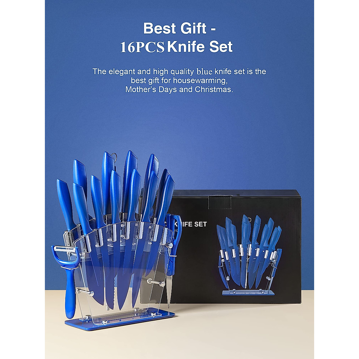 Knife Set, No Rust 16 Pieces Knives Set, Knife Block Set with Easy Clean Acrylic Stand, Super Sharp Kitchen Knife Set with a Vegetable Peeler, Blue