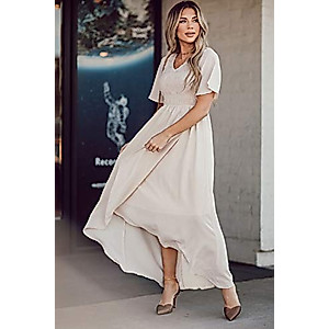 Zattcas Womens 2023 Smocked Maxi Dress Short Sleeve Vneck Casual Summer High Low Flowy Long Dress Cream S