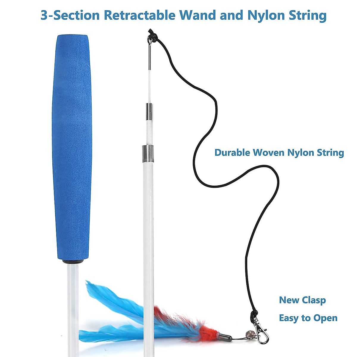 Cat Toys Feathers Wand, Interactive Cat Toy Kitten Toys 2 Retractable Cat Wand Toy and 7 Feather Teaser Refills with bells, Telescopic Cat Fishing Pole Toy for Indoor Bored Cats Gifts Exercise Pack