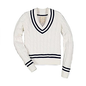 Hope & Henry Women's Organic Long Sleeve V-Neck Cricket Sweater, Large, Soft White Cable with Navy