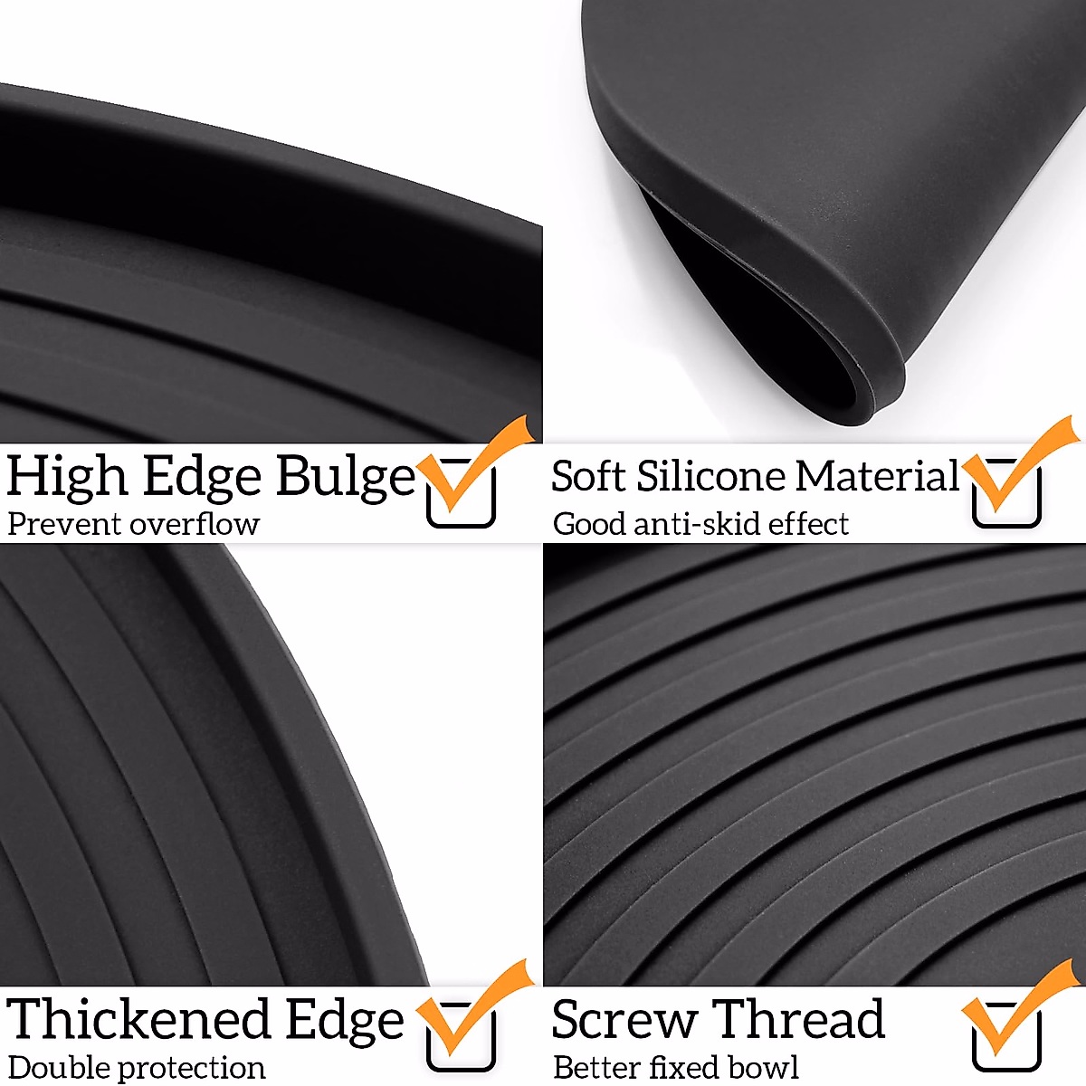 Ptlom Silicone Pet Feeding Mat for Dogs and Cats Placemat 2 Pack, Non-Slip Waterproof Dog Bowl Mats for Food and Water, Small Medium Pets Puppy Tray Mat Prevent Residues Spill to The Floor, Black