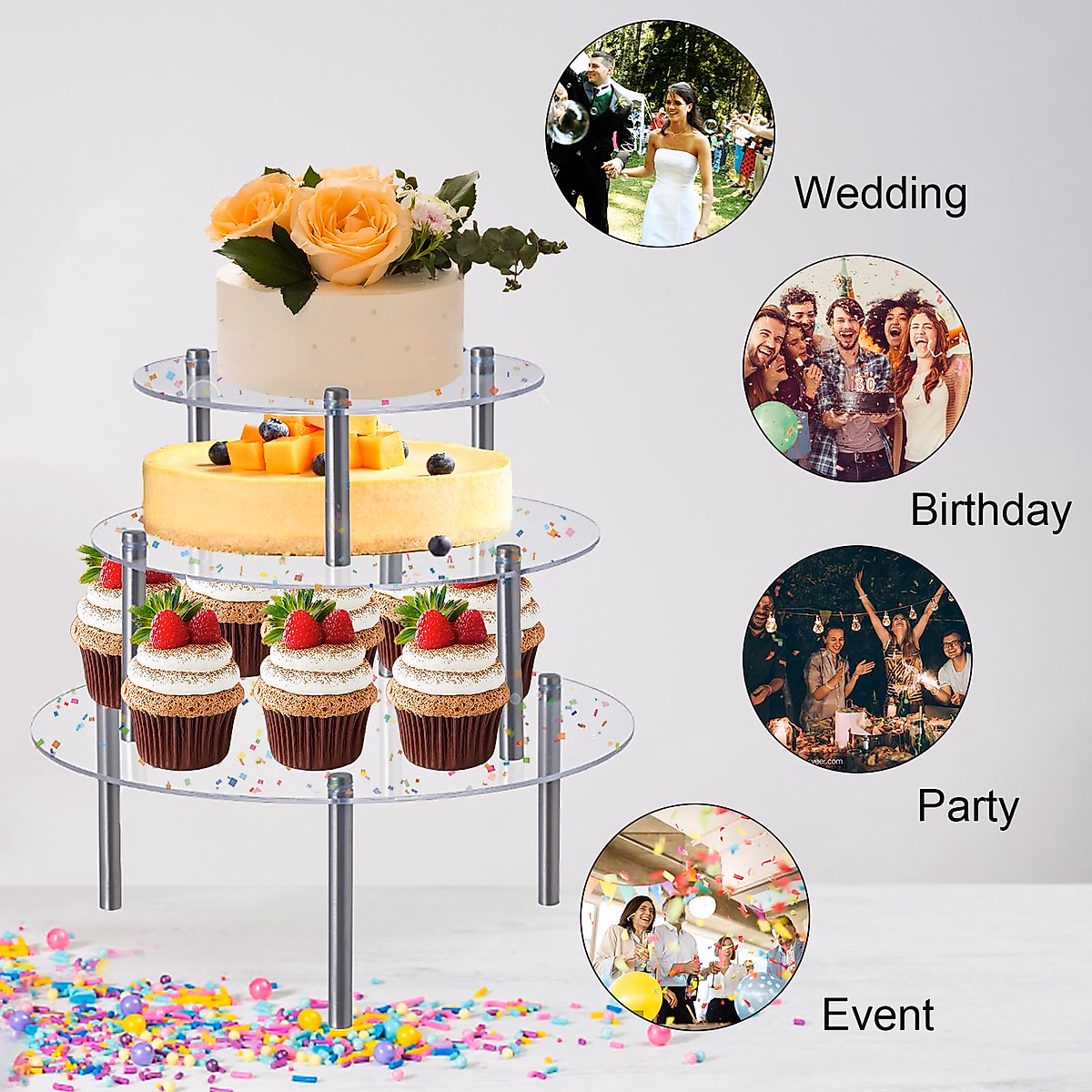 ALMOXVYE Set of 3 Clear Acrylic Cake Stand, Round Dessert Display Riser, Tiered Cupcake Display Stand for Bakery, Birthday, Wedding, Party, Baby Shower, Anniversary, Party Decor, Christmas