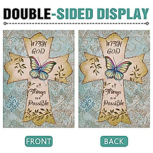 Dyrenson Decorative 28 x 40 Religious House Flag Cross Double Sided Christian Faith, with God All Things are Possible Burlap Yard Decoration, Butterfly Outdoor Décor Large Flag Spring Summer Easter