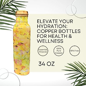 Perilla Home Copper Water Bottle 34 Oz Leak Proof 100% Pure - An Ayurvedic Copper Vessel - Drink More Water And Enjoy The Health Benefits Immediately/Yoga Bottle (Printed 5)