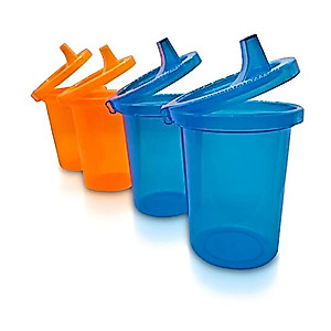 EJA Designs Sippy Cup for 1 Year Old and Toddlers with Attached Lid - Spill Proof, Stackable, Dishwasher Safe - 10 Oz, 4 Count - Never Lose a Lid Again - Baby Sippy Cups (Blue & Orange)