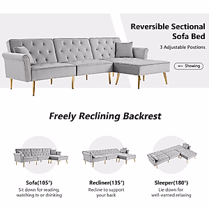 Hommoo 110” Modern Reversible Sectional Couch for Living Room Velvet L Shaped Couch with Removable Ottoman Nailhead Trim 3 Seater Sofa with Metal Gold Legs Light Gray