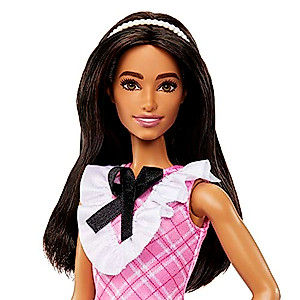 Barbie Fashionistas Doll #209 with Black Hair Wearing a Pink Plaid Dress, Pearlescent Headband and Strappy Heels, 3 years and older
