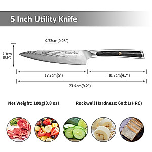 Sunnecko Utility Knife 5 Inch, Paring Knife Damascus Steel VG-10 Blade Fruit Knife, Small Kitchen Knife with G10 Inlaid Handle Peeling Knife Perfect for Cutting Fruit Vegetables Petty Knife Gift Box
