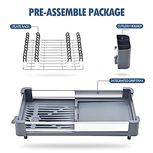 TOOLF Aluminum Extendable Dish Rack, Dual Part Dish Drying Rack with Non-Scratch and Movable Cutlery Drainer and Drainage Spout, Adjustable Dish Drainer for Kitchen, 1 Piece Grey