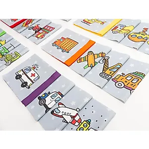 Lalikul Fabric Transport & Vehicles, 100% Cotton Charm Packs, 42 Different Motifs, Fat Quarters, Ideal for Quilts, Sewing, Blankets, I Spy Games for Kids, 5" x 5" Squares.