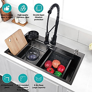 29.5 * 17.7 inch Kitchen Sink, Single Bowl Stainless Steel Sink Multifunctional Drop In Sink with Pull-Down Faucet and Multiple Accessories (black grey, 29.5 * 17.7 inch)
