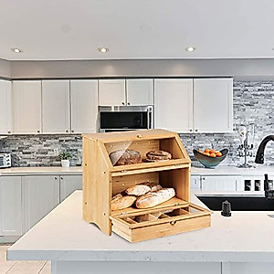 HOMEKOKO Large Bamboo Two-layer Bread Box With Drawer, Double Layers Large Bread Box for Kitchen Counter, Wooden Large Capacity Bamboo Bread Food Storage Bin (NATURAL)