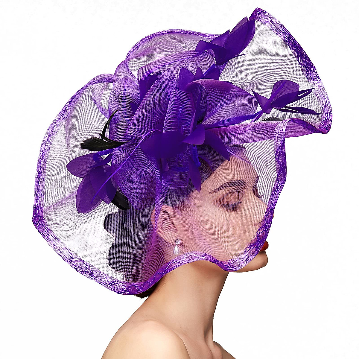 TS Fascinators Hat Mesh Floral Feather Fascinator Headband for Wedding Cocktail Tea Party or Special Occasion(Purple)
