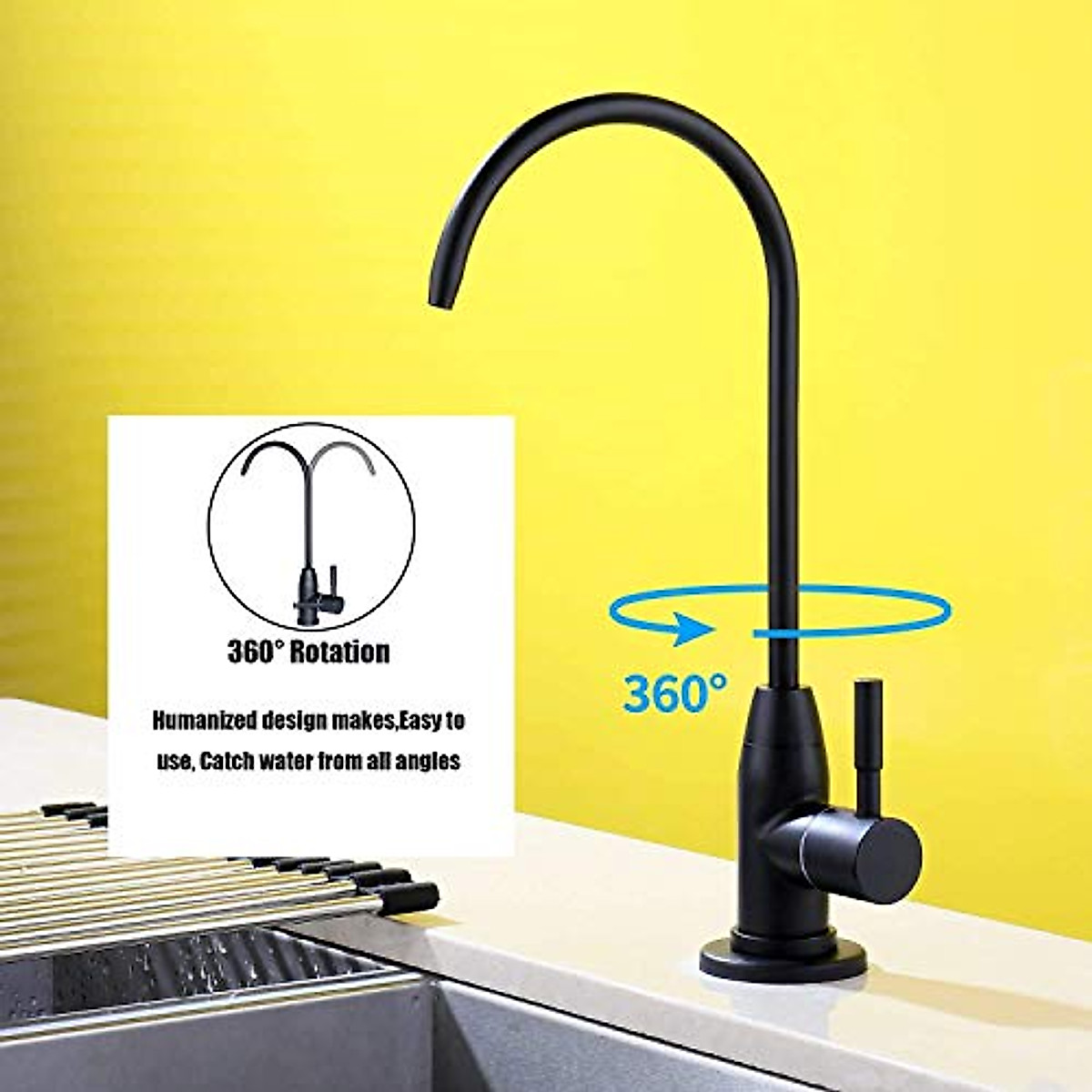 Drinking Water Faucet SUS304 Stainless Steel 100% Lead-Free Heavy Duty Faucet 90° Single Handle 360° Swing Spout Brass Ceramic Cartridge Matte Black