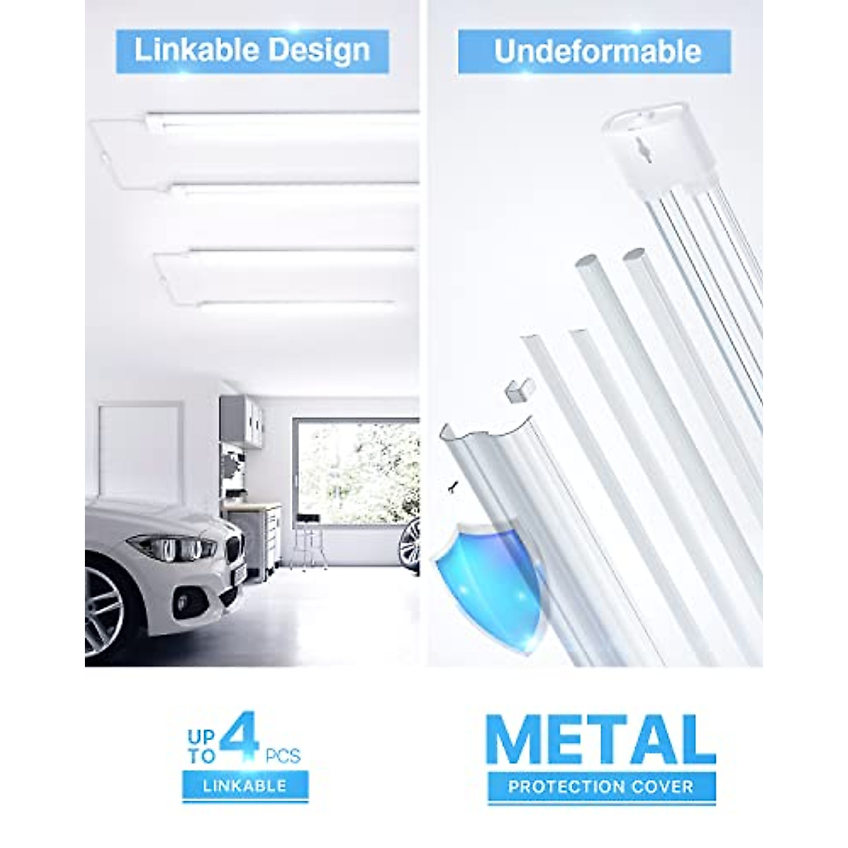 Ensenior 4 Pack Linkable LED Utility Shop Light, 4 FT 4400lm, 36W Equivalent 280W, 5000K Daylight, 48 Inch Integrated Fixture for Garage&Workbench, Surface or Hanging Mount, White, ETL Certified