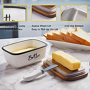 Butter Dish with Lid and Knife for Countertop, Airtight Butter Keeper for Counter or Fridge, Ceramic Butter Container with Thick Acacia Wood Lid, for Modern Kitchen Decor and Accessories, White