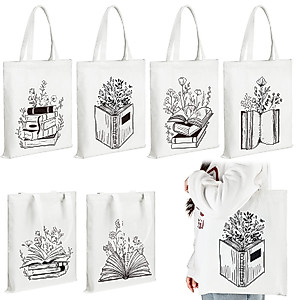 Sweetude 6 Pcs Canvas Aesthetic Tote Bag for Women Wildflower Book Tote Bag Bulk Shopping Bags School Shoulder Bag Reusable Grocery Bags Women's Tote Handbags