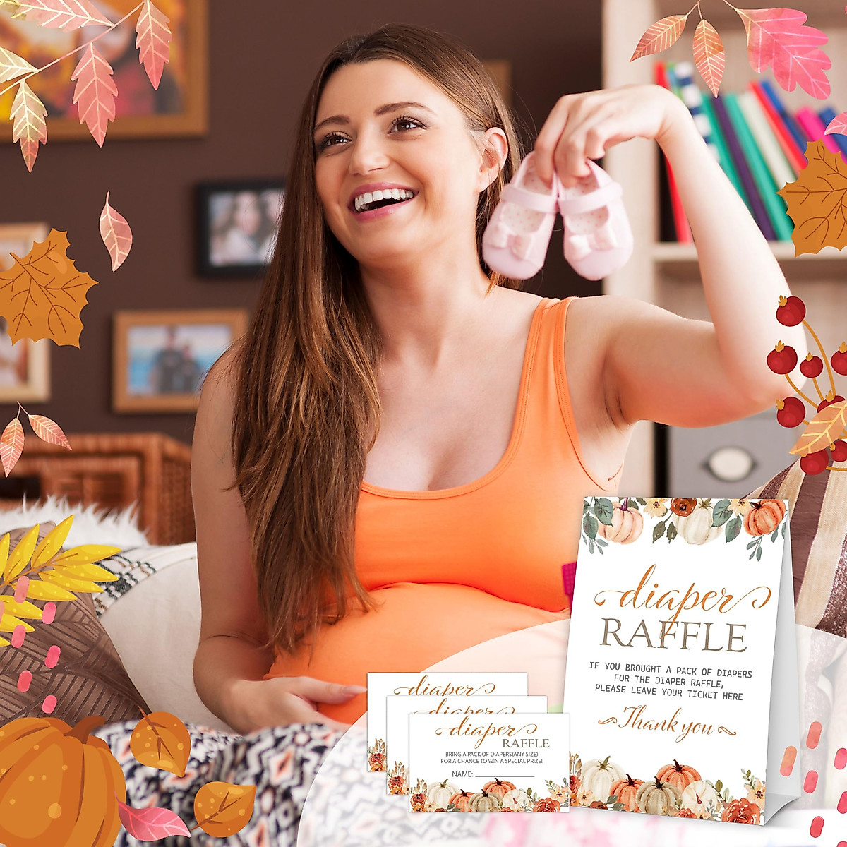 Thanksgiving Diaper Raffle Tickets, Fall Pumpkin Baby Shower Raffle Tickets for Gender Reveal Party Games, Autumn Baby Shower Decorations, 1 Sign & 50 Guess Cards-A04