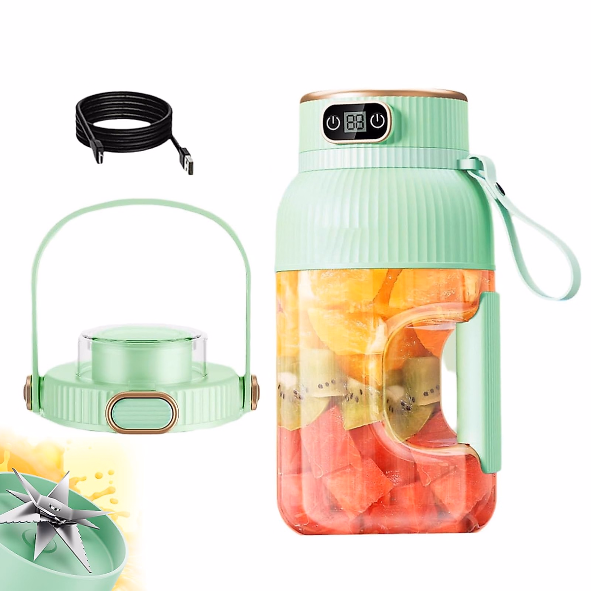 Ovidian Juicer Cup,The Ovidian Portable Juicer,Multifunctional Portable Juicer Cup with Digital Display,USB Wireless Portable Blender Rechargeable for Shakes,Fruits,Veggies(Green,Single cup+double lid