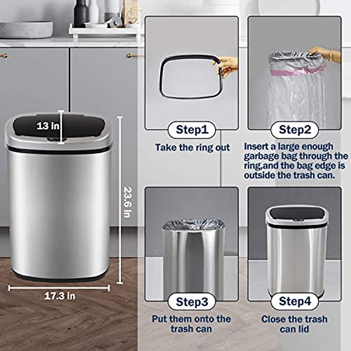 Trash Can,13 Gallon Automatic Garbage Can,Kitchen Trash Can with Lid,Modern Style Touch Free High-Capacity Brushed Stainless Steel Waste Bin,for Bathroom Kitchen Office Home,Indoor and Outdoor