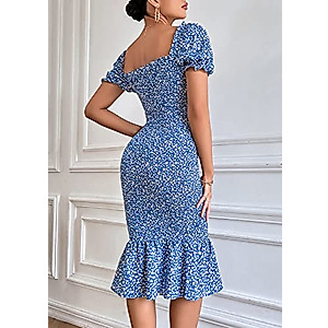 PRETTYGARDEN Women's Summer Floral Midi Bodycon Dresses Short Puff Sleeve Square Neck Ruffle Hem Mermaid Cocktail Dress (Blue,Medium)