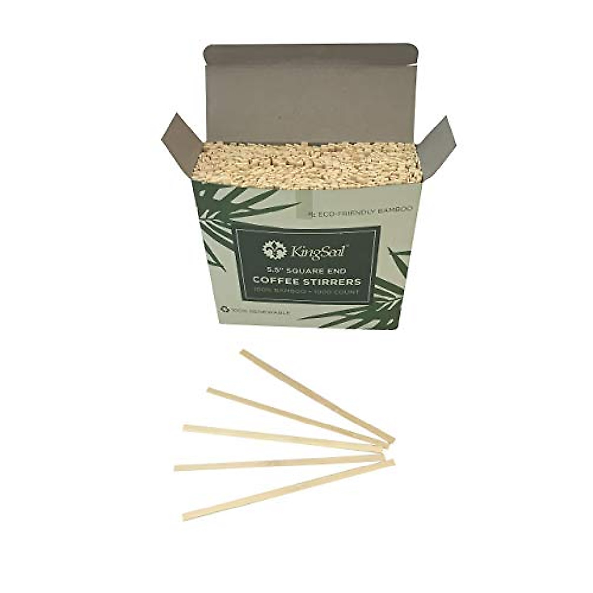KingSeal Bamboo Coffee Stir Sticks, 5.5 inches, Square End, Stronger and Thicker Than Standard Wood, 100% Renewable and Biodegradable - 1 Box of 1000 Stirrers