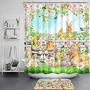Likiyol 4 Pcs Easter Shower Curtain Sets with Non-Slip Rugs, Toilet Lid Cover and Bath Mat, Bunny Rabbit Shower Curtain with 12 Hooks, Spring Floral Easter Bathroom Set