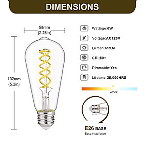 YIMILITE ST58 (ST19) LED Edison Bulb 60 Watt Equivalent, CRI 80+, High Brightness Natural White 4000K Clear Glass, Dimmable Vintage led lamp Filament Light Bulbs, E26 Medium Base, 6 Pack