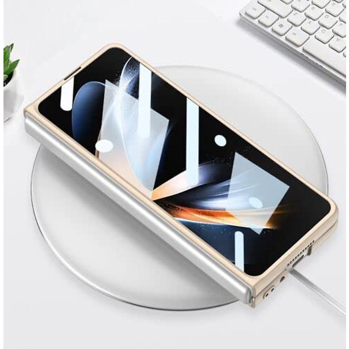 Ultra Slim Magnetic Wireless Charging Case with Glass Screen Protector for Samsung Galaxy Z Fold 3 5G 2021 Shockproof Anti-Scratch Full Cover Case(Gold)