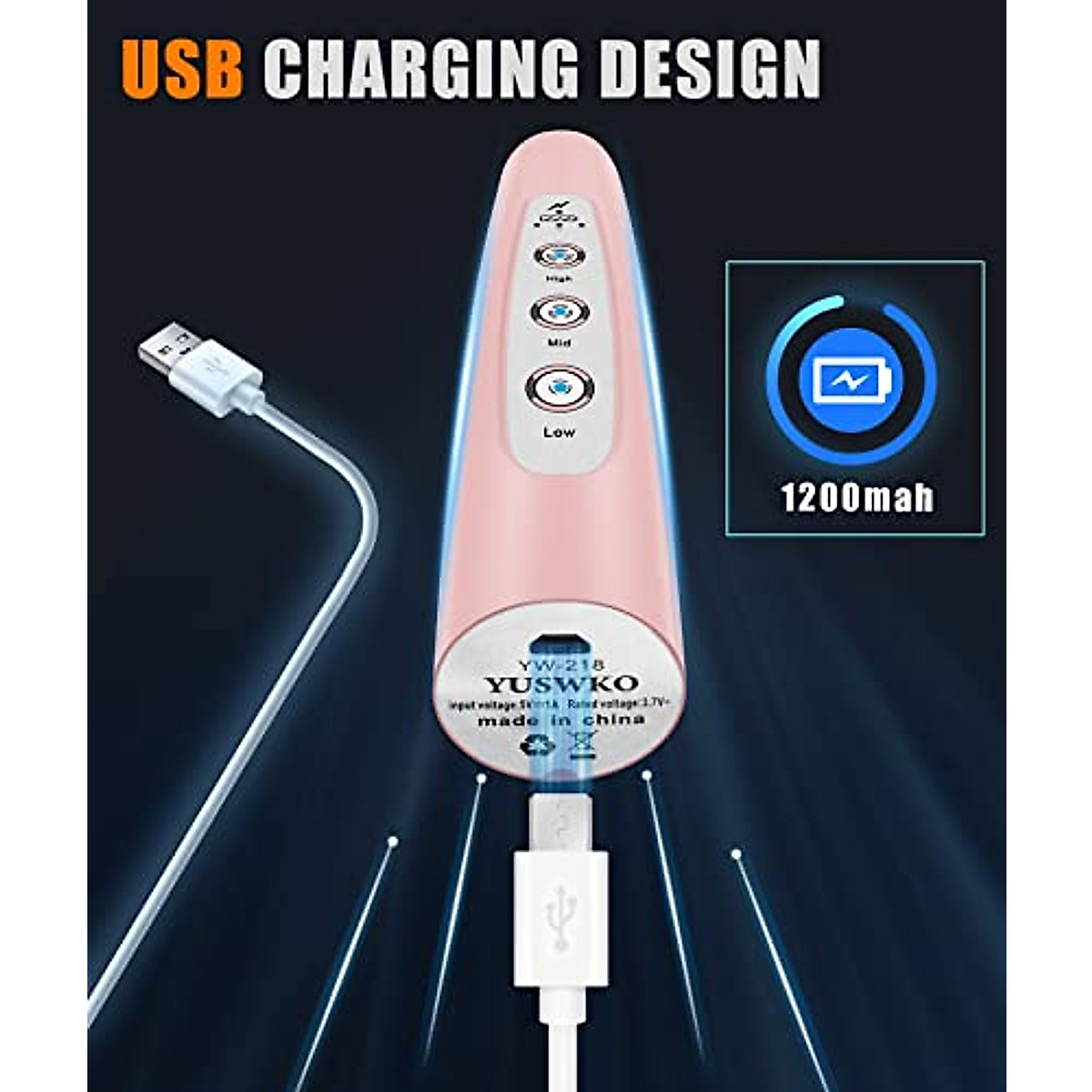 YUSWKO Rechargeable Milk Frother for Coffee with Stand, Handheld Drink Mixer with 3 Heads 3 Speeds Electric Stirrers for Latte, Cappuccino, Hot Chocolate, Egg - Pink