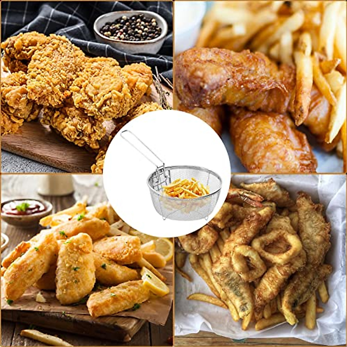 Stainless Steel Deep Fry Basket Fried Basket, Round Fryer Basket, Deep Wire Strainer for Frying, Oil Drainer Strainer Tool with Handle, Ideal for Chips, Fries, Shrimps