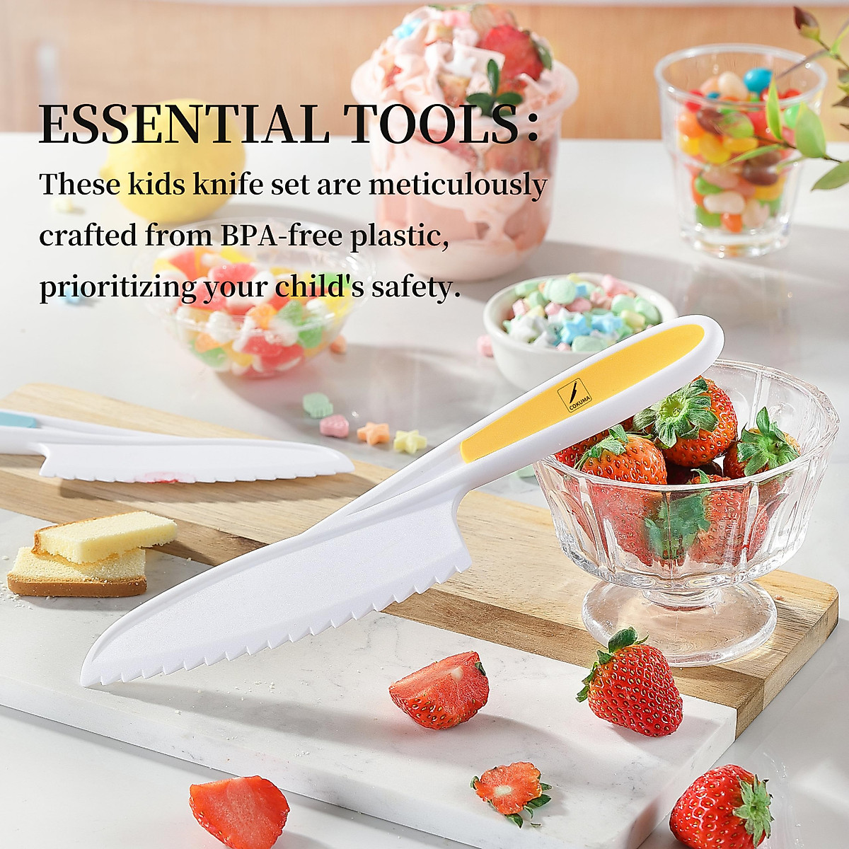 COKUMA 3PCS Toddler Knife Set, Plastic Kids Knife Set for Real Cooking, Round Tips with Serrated Edges, Perfectly Safe Kids Knife Set (Orange, Blue, Green)