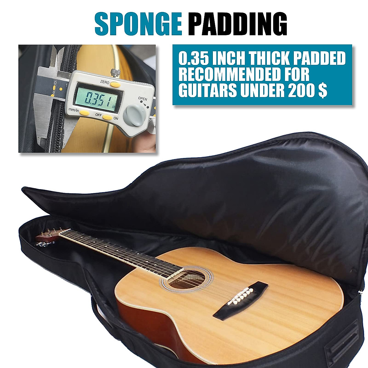 GLEAM Acoustic Guitar Gig Bag - 0.35 Inch Sponge Padding Fit 39-41 Inch Guitar Waterproof Black