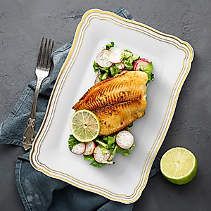 Posh Setting Plastic Serving Tray White Plastic Tray with Gold Rim Border, Disposable Serving Trays Heavyweight Serving platters and Trays 9"x13" Appetizer Tray [6 Pack]