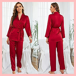 Arwser Women's Silk Satin Pajamas Set 4 Pcs Sleepwear Cami Top Pjs with Shorts and Robe Red