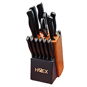 HZEX Premium Kitchen Knife Set, 13-Piece Knives Set in Block, Built-in Sharpener, High Carbon Stainless Steel Knives in Matte Black, Durable Chef's Butcher Steak Paring Utility Bread Knifes