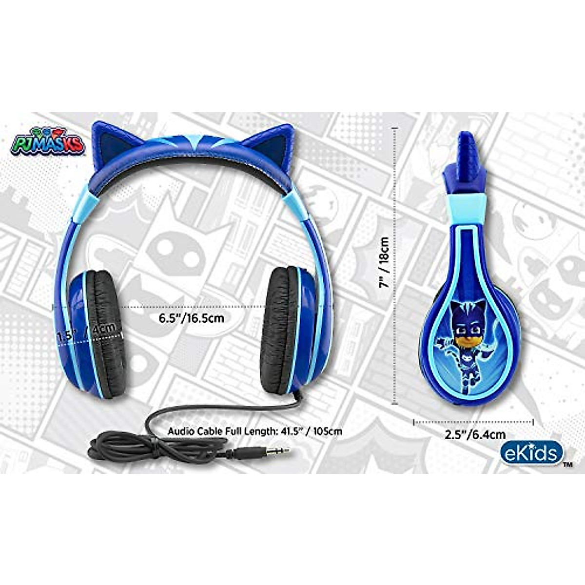 PJ Masks Catboy Kids Headphones, Adjustable Headband, Stereo Sound, 3.5Mm Jack, Wired Headphones for Kids, Tangle-Free, Volume Control, Childrens Headphones Over Ear for School Home, Travel