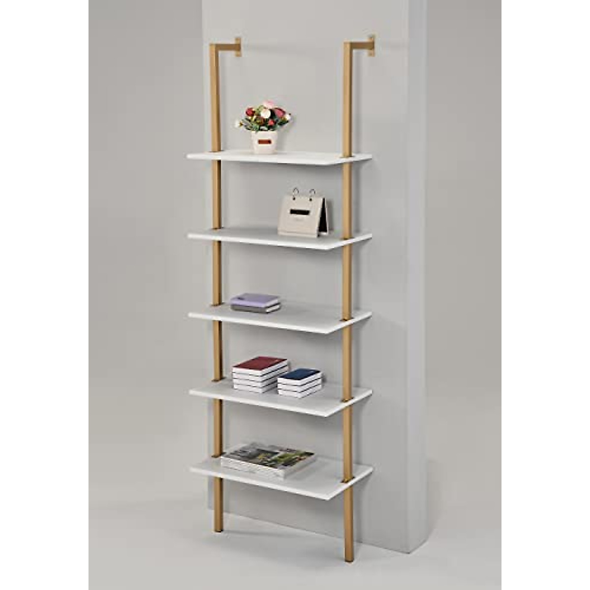 RAAMZO Modern 5-Tier Ladder Shelf, Open Wall-Mounted Bookshelf with Metal Frame, Storage Rack Shelves, Bookcase for Home Office - White / Gold - 72" Height