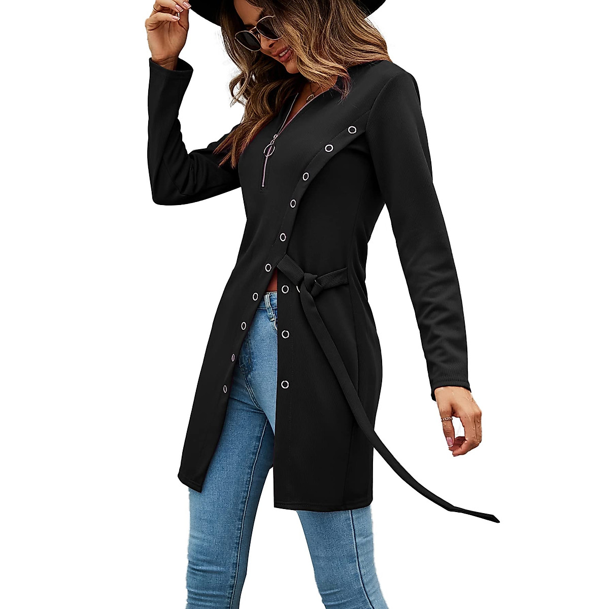 LYANER Women's Sexy Zip Up V Neck Long Sleeve Side Split Asymmetrical Hem Longline Tunic Blouse Top Black X-Large