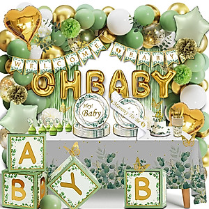 Sage Green Baby Shower Decorations,All In One Set,Neutral Baby Shower Supplies Kit, With 4 Balloon Blocks,12 Tableware Sets, Disposable Plates, "OH BABY" Balloons,Sage Baby Shower Tablecloth, Toppers