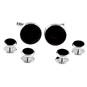 MRCUFF Black Onyx Round Formal Tuxedo Cufflinks & Studs Set in a Presentation Gift Box & Polishing Cloth