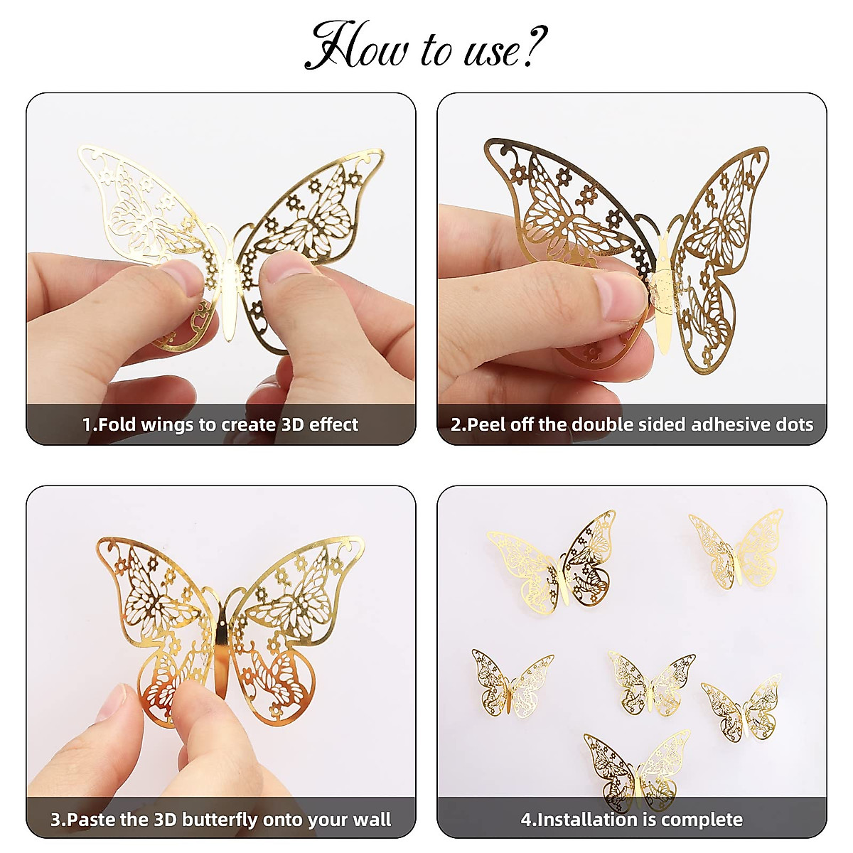 144 Pcs Gold Butterfly Wall Decor, Butterfly Cake Toppers 3D Butterfly Stickers 6 Styles and 3 Sizes, Removable Mural Stickers Decorative Butterflies Metallic Butterfly Decorations for Walls