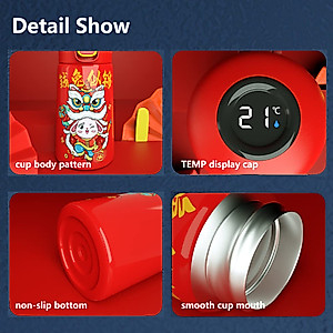 Chinese Red Water Bottle, Chinese Insulated Water Bottle, The Quick Flip 14oz Stainless Steel Thermos for Cold/Hot Beverages, Digital Temperature Display, Gift Packaging
