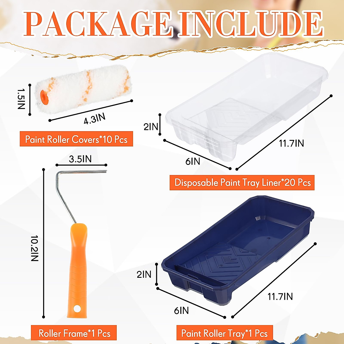 Qilery 32 Pcs 4 Inch Paint Roller Tray Set Includes Paint Roller Tray 20 Pcs Disposable Paint Tray Liners 10 Pcs Paint Roller Covers Paint Roller Frame with Handle for Home Wall Furniture Painting