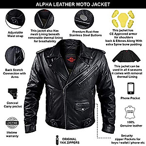 Alpha Black Leather Motorcycle Jacket with Armor for Men - Brando Cafe Racer Biker Jacket Men - 4 Season Riding Jacket with Concealed Carry (CCW), Protective Armor and Black Mesh - 4XL - Black