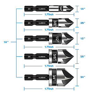 Countersink Drill Bit Set 5-Piece, M2 HSS, 82 Degree, 5 Flute, ¼” Quick Change Hex Shank, 1/4” 3/8” 1/2” 5/8” 3/4” Sharp and Durable Countersink Bits for Metal Wood and Plastic, with Storage Case