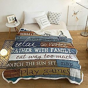 Yun Nist Lake Rules Fleece Sherpa Throw Blanket Inspirational Quotes Soft Warm Cozy Fuzzy Blankets Wood Grain Reversible Plush Fluffy TV Throws for Couch Sofa Bed Farmhouse 40x50In